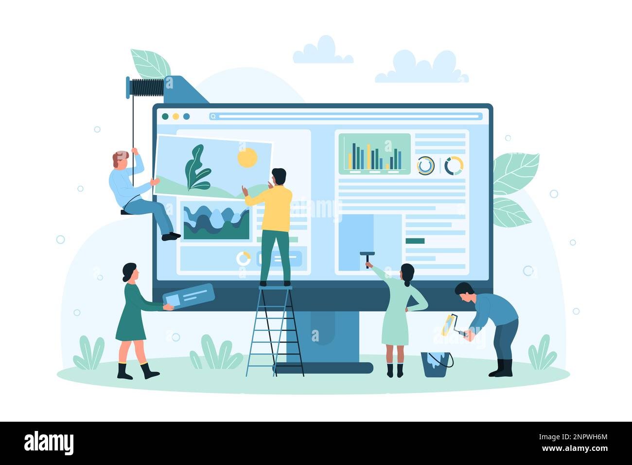 Web design vector illustration. Cartoon tiny people create digital ...
