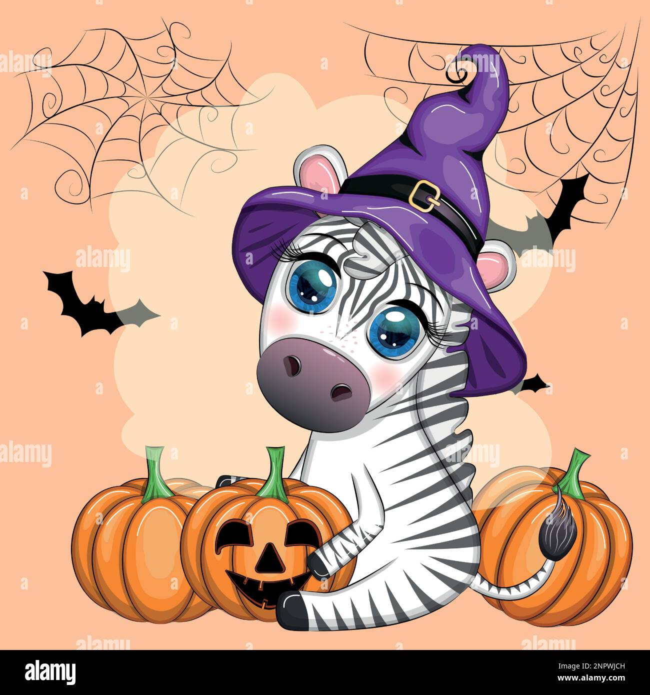 Cute zebra in witch hat, with broom, pumpkin jack, magic potion. Poster ...
