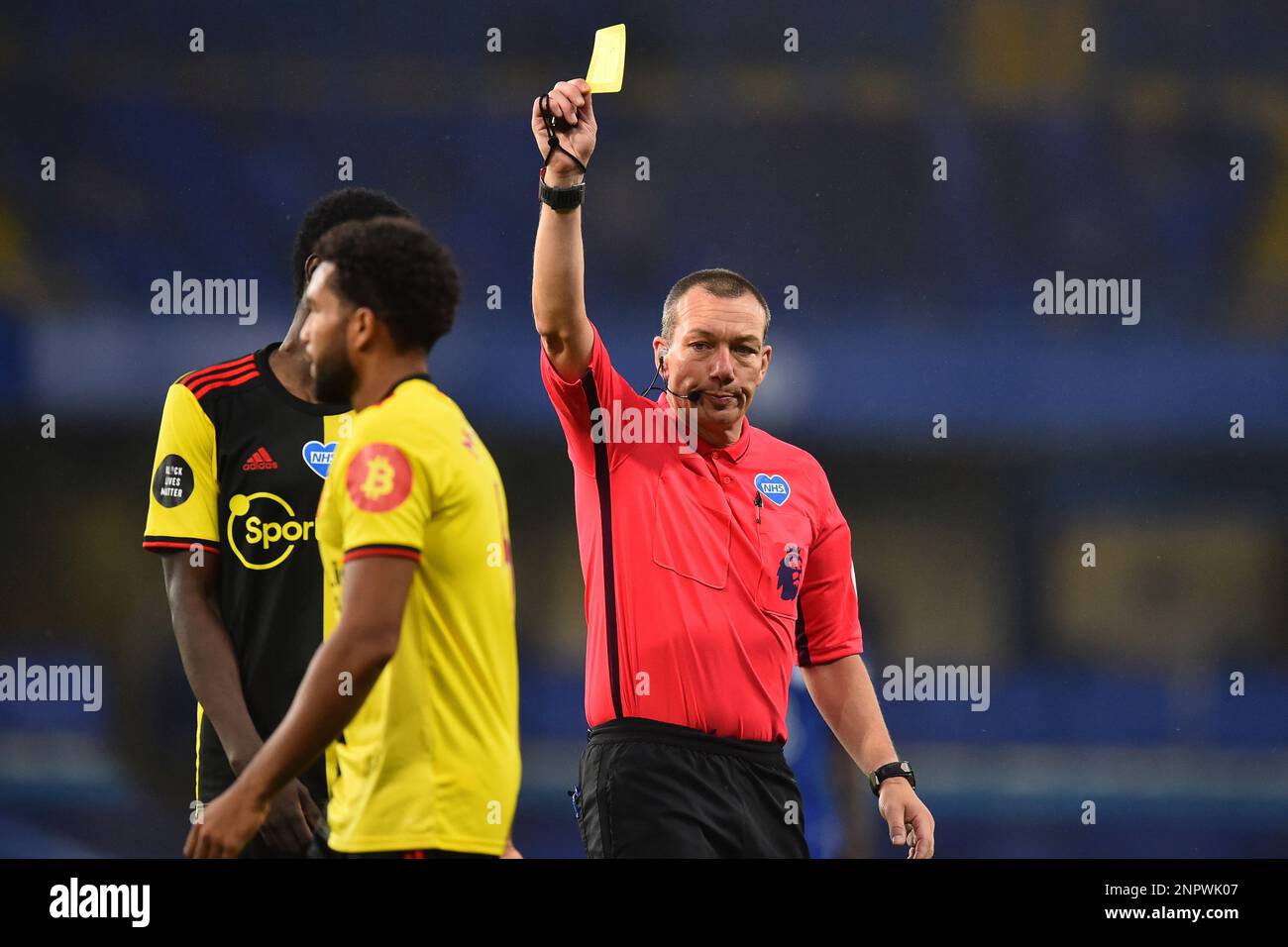 Watford's Adrian Mariappa is shown a yellow card during the English ...