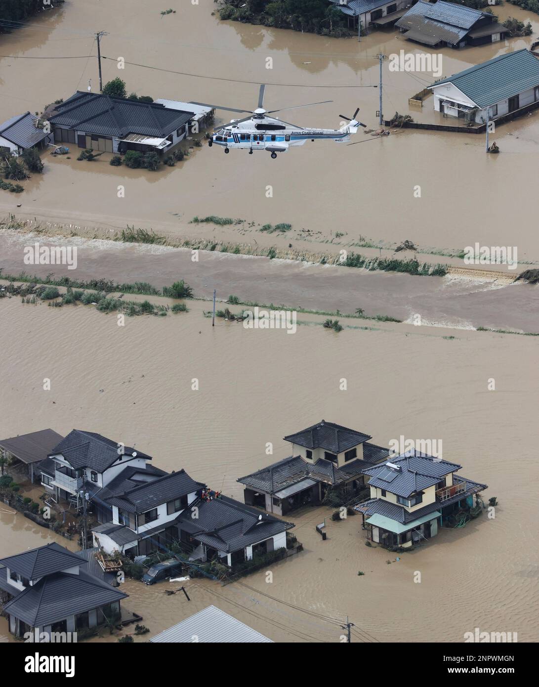 An aerial photo shows flood-damaged town due to heavy rain at Hitoyoshi City, Kumamoto ...