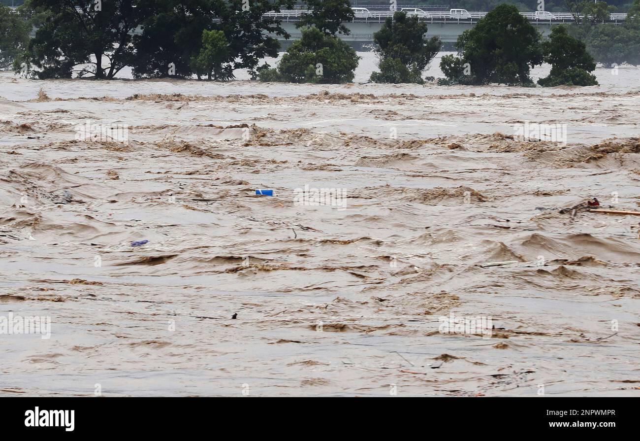 The Kuma River rises with heavy rain in Yatsushiro City, Kumamoto ...