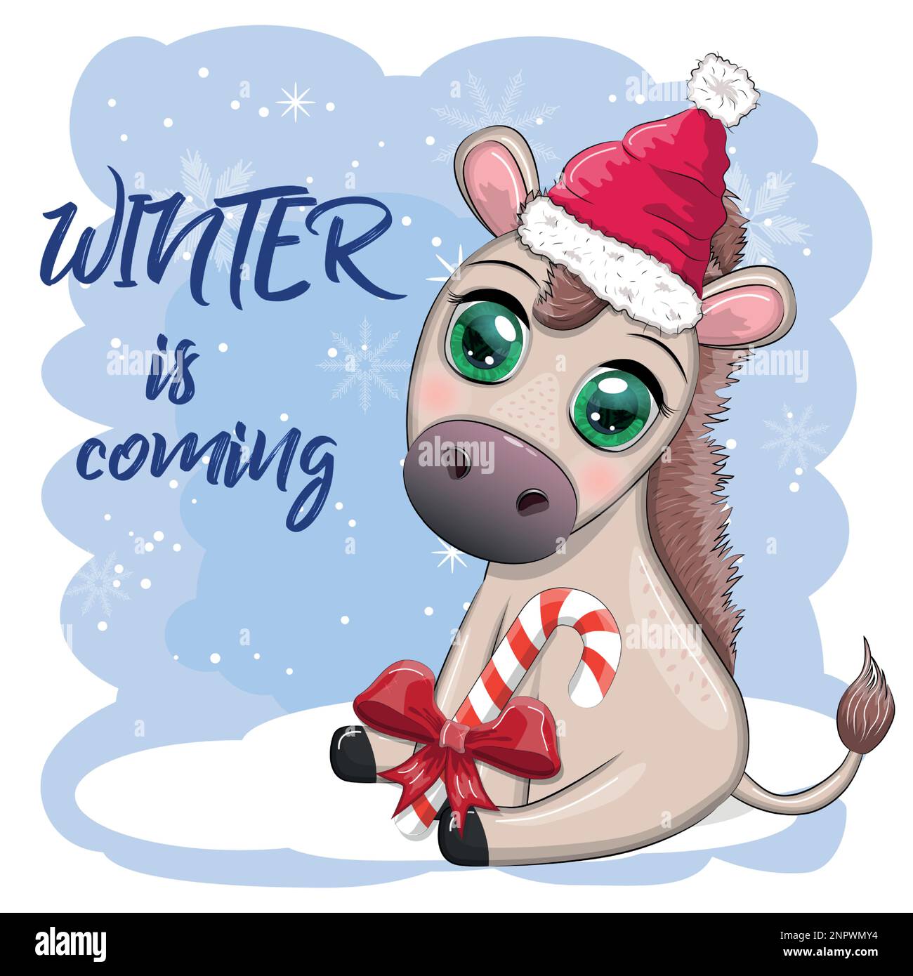 Cute donkey in santa hat with balloon, gift, candy kane, ice skating ...