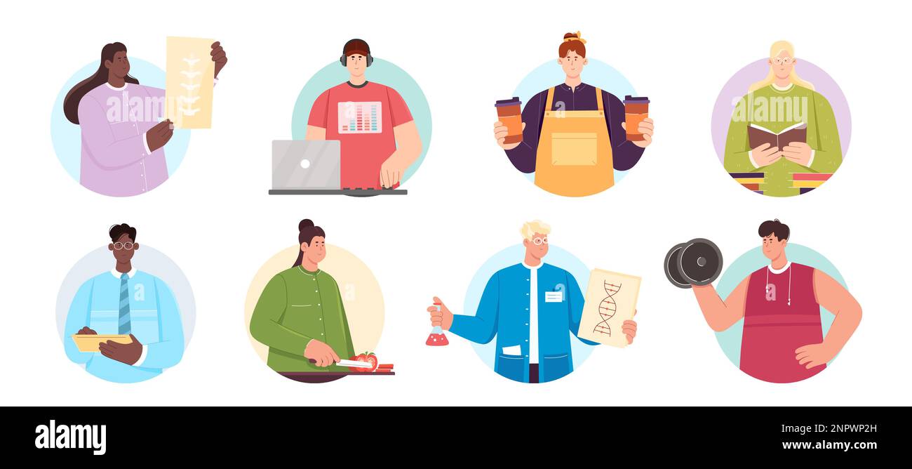 People of different professions in round frames set vector illustration ...