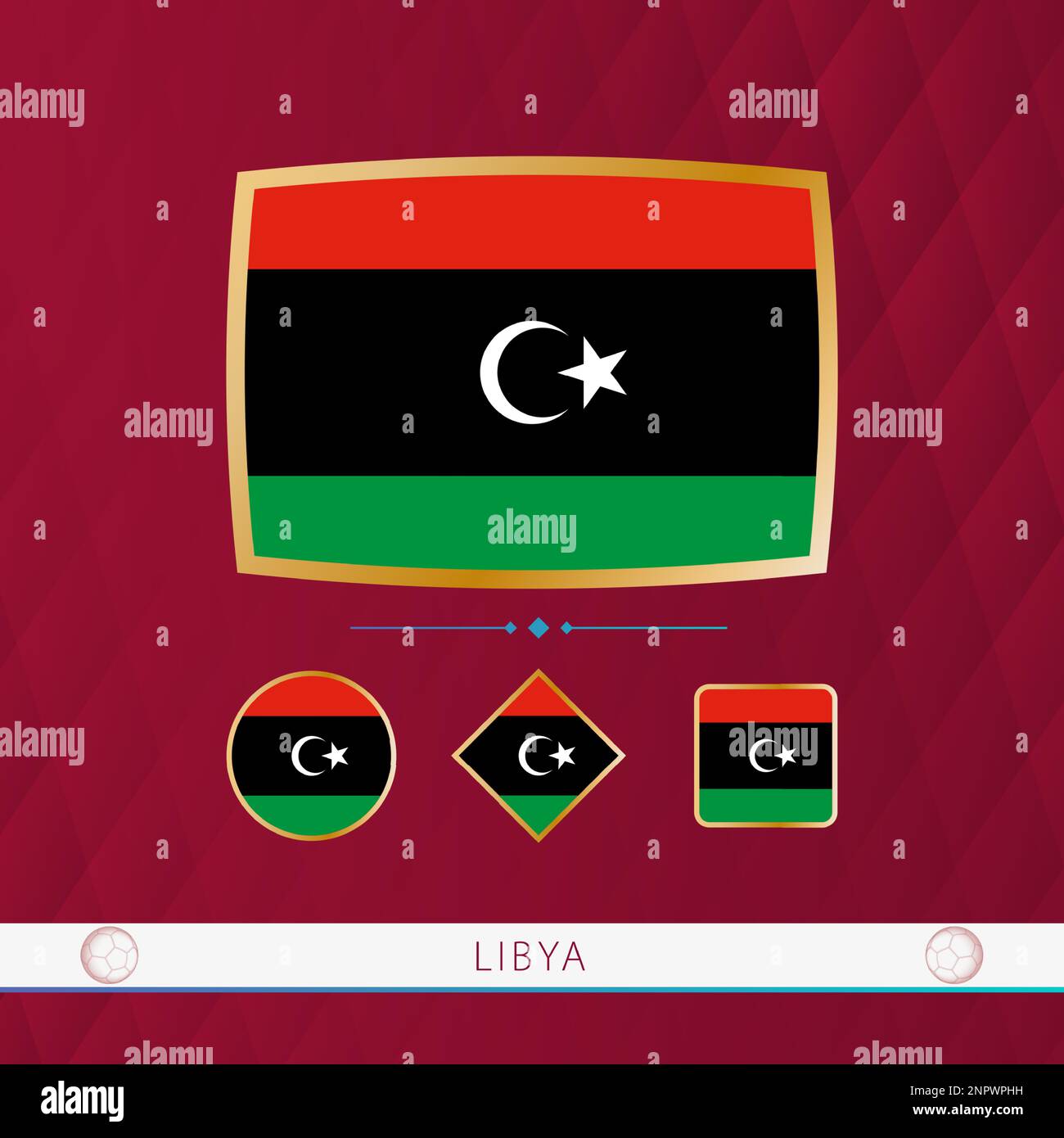 Set of Libya flags with gold frame for use at sporting events on a burgundy abstract background ...