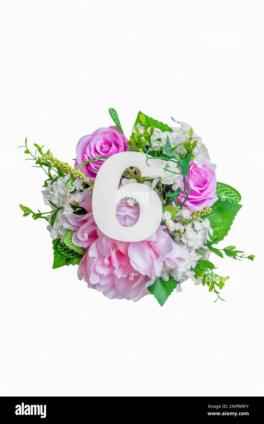 Number six shape with bunch of flowers isolated over white background ...