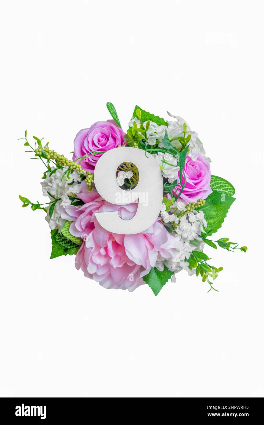 Number nine shape with bunch of flowers isolated over white background ...