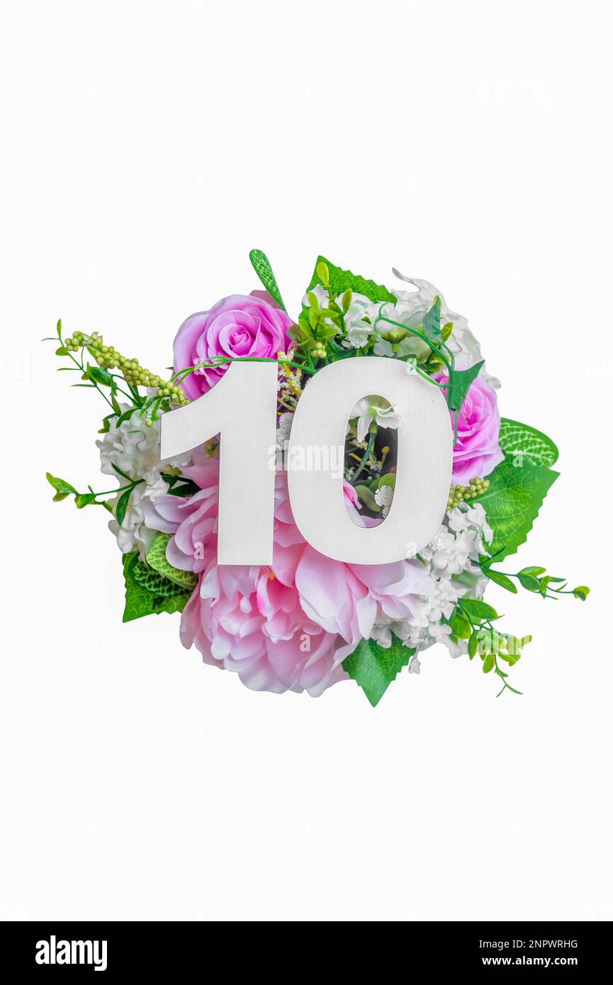 Number ten shape with bunch of flowers isolated over white background ...