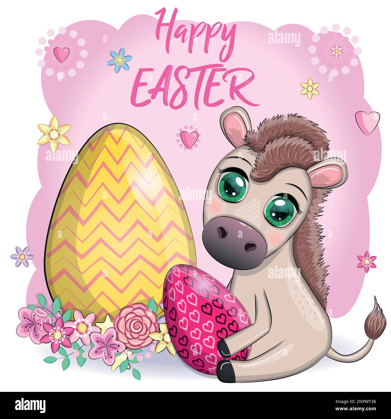 Cute donkey with an easter egg. Easter character and postcard Stock ...