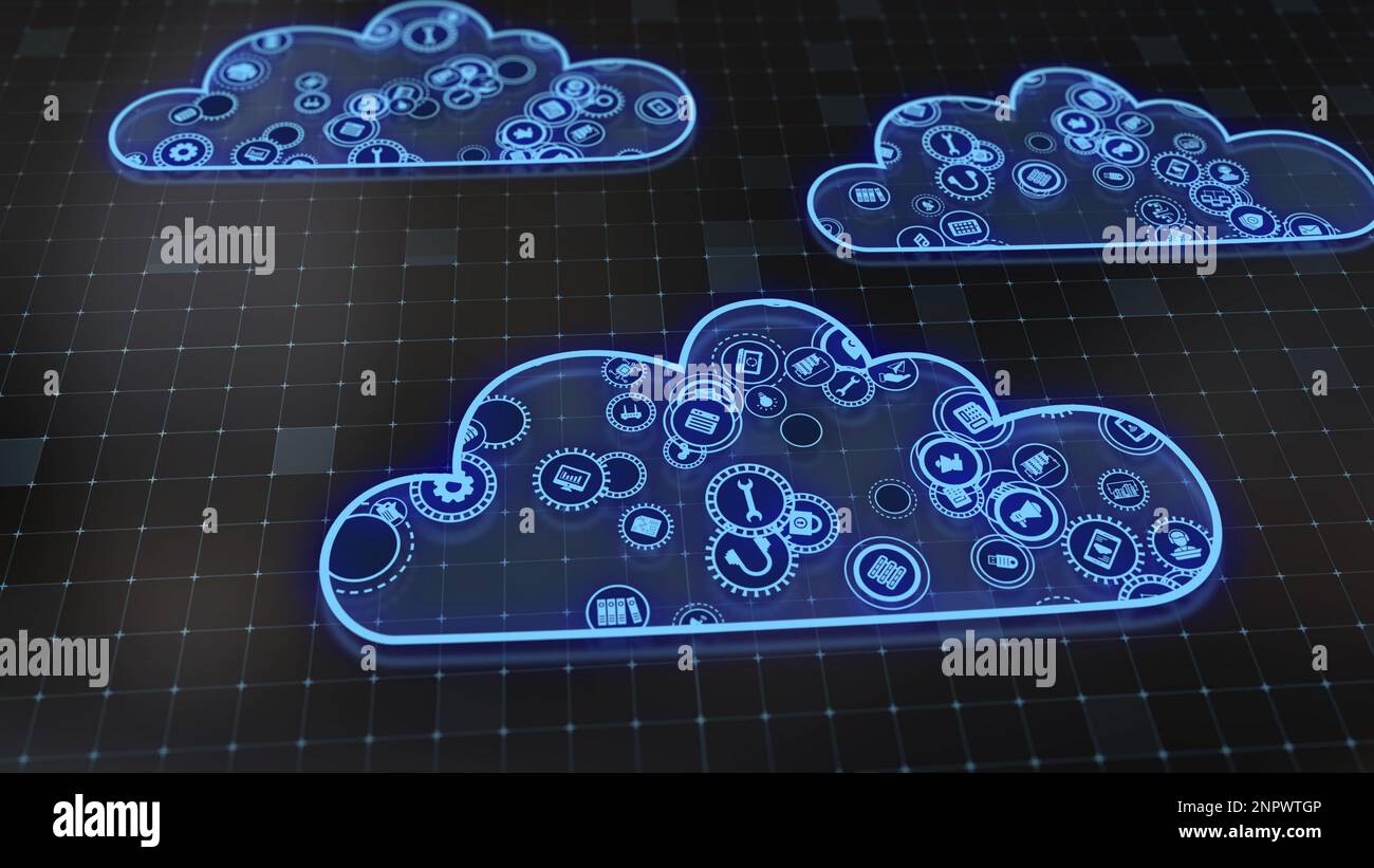 3D rendering the concept of cloud technologies and server data ...
