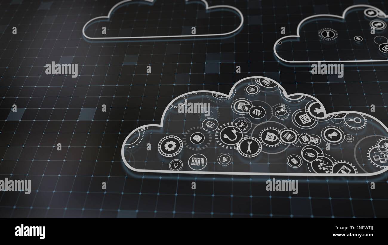 3D rendering the concept of cloud technologies and server data processing. Abstract service ...