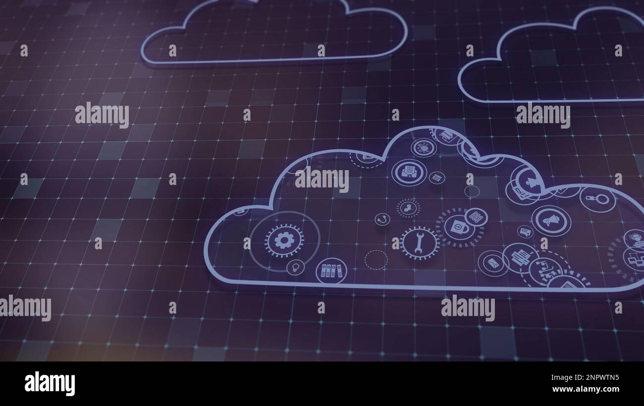 3D rendering the concept of cloud technologies and server data processing. Abstract service ...