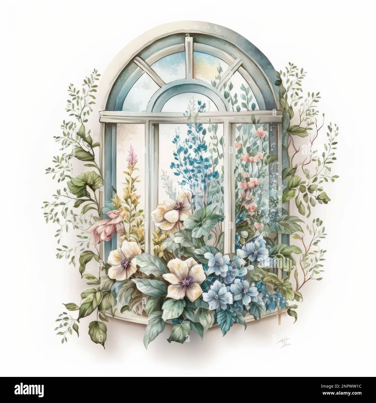 Vintage Watercolor Floral Window Stock Photo - Alamy
