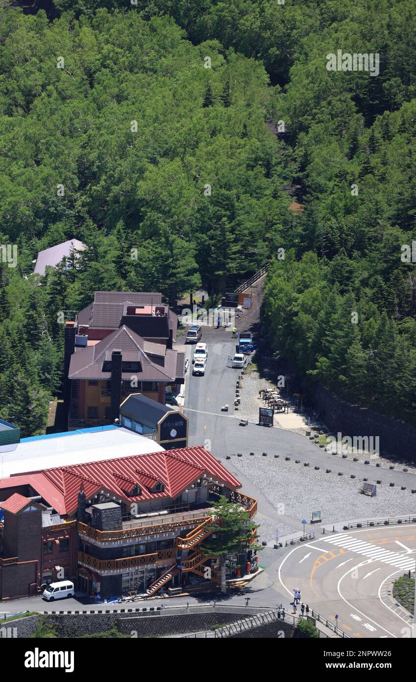 An aerial photo shows the end of the Fuji Subaru Line where souvenir ...