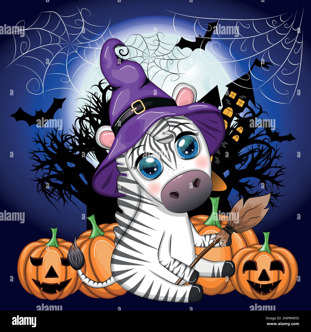 Cute zebra in witch hat, with broom, pumpkin jack, magic potion. Poster ...