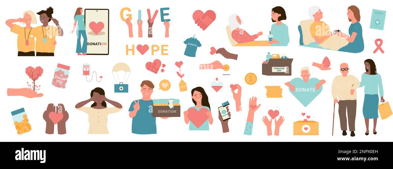 Charity set vector illustration. Cartoon social awareness and help ...