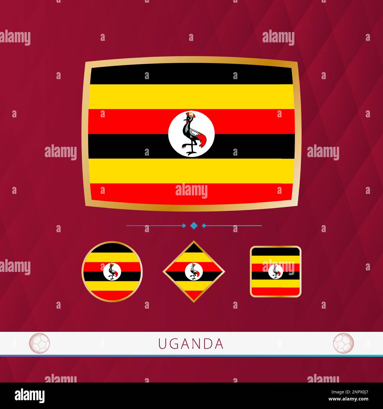 Set of Uganda flags with gold frame for use at sporting events on a burgundy abstract background ...