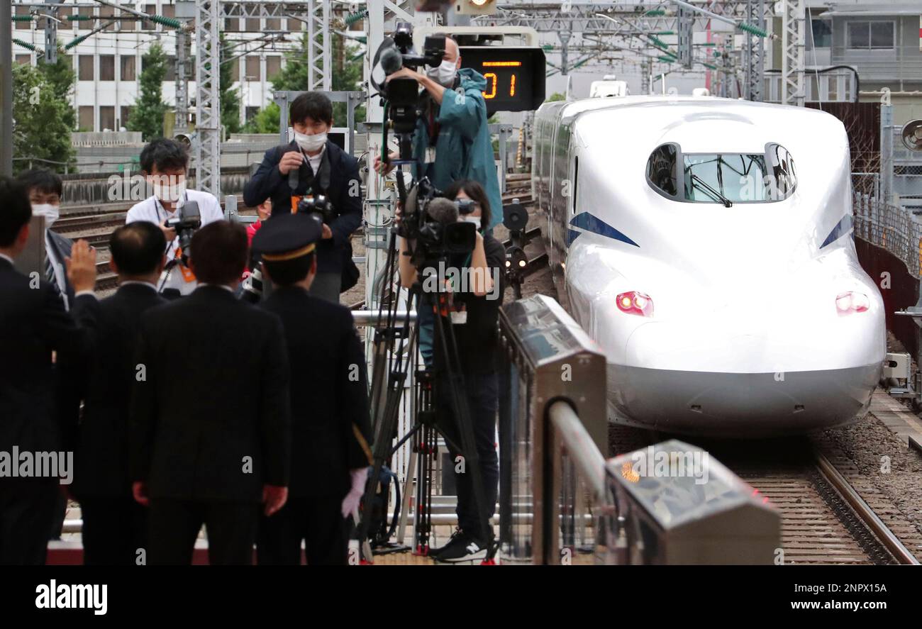Shinkansen bullet train newest type N700S leaves Tokyo Station on July ...