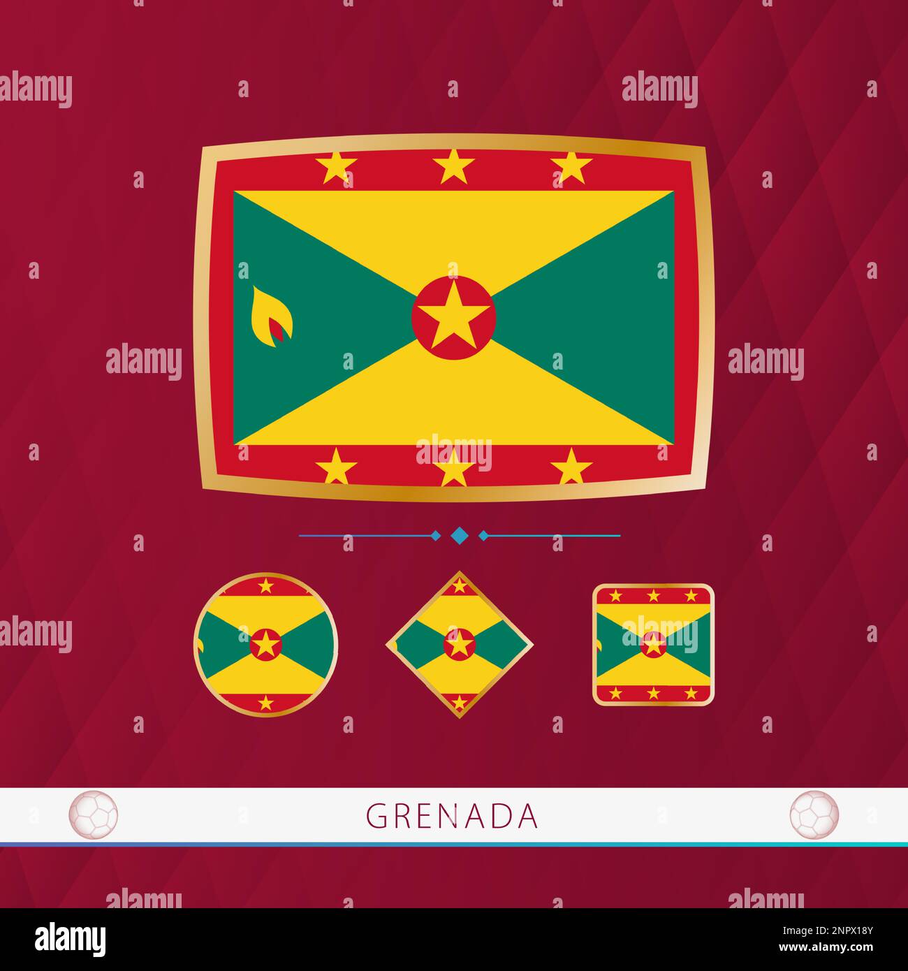 Set of Grenada flags with gold frame for use at sporting events on a burgundy abstract ...