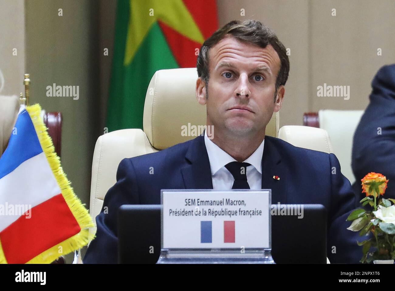 French President Emmanuel Macron takes part in a working session during ...
