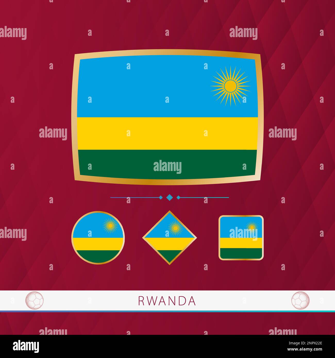 Set of Rwanda flags with gold frame for use at sporting events on a ...