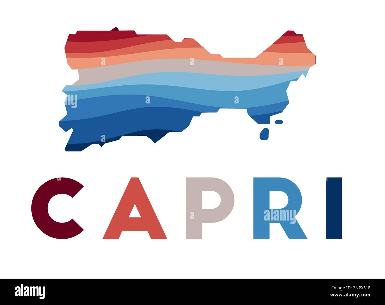 Capri map. Map of the island with beautiful geometric waves in red and ...