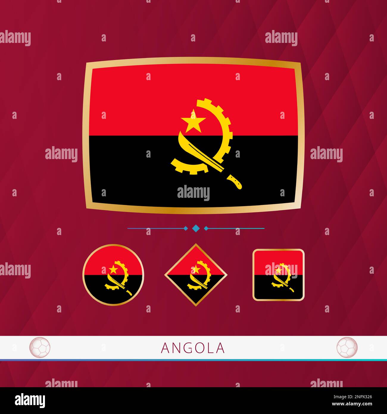 Set of Angola flags with gold frame for use at sporting events on a burgundy abstract background ...