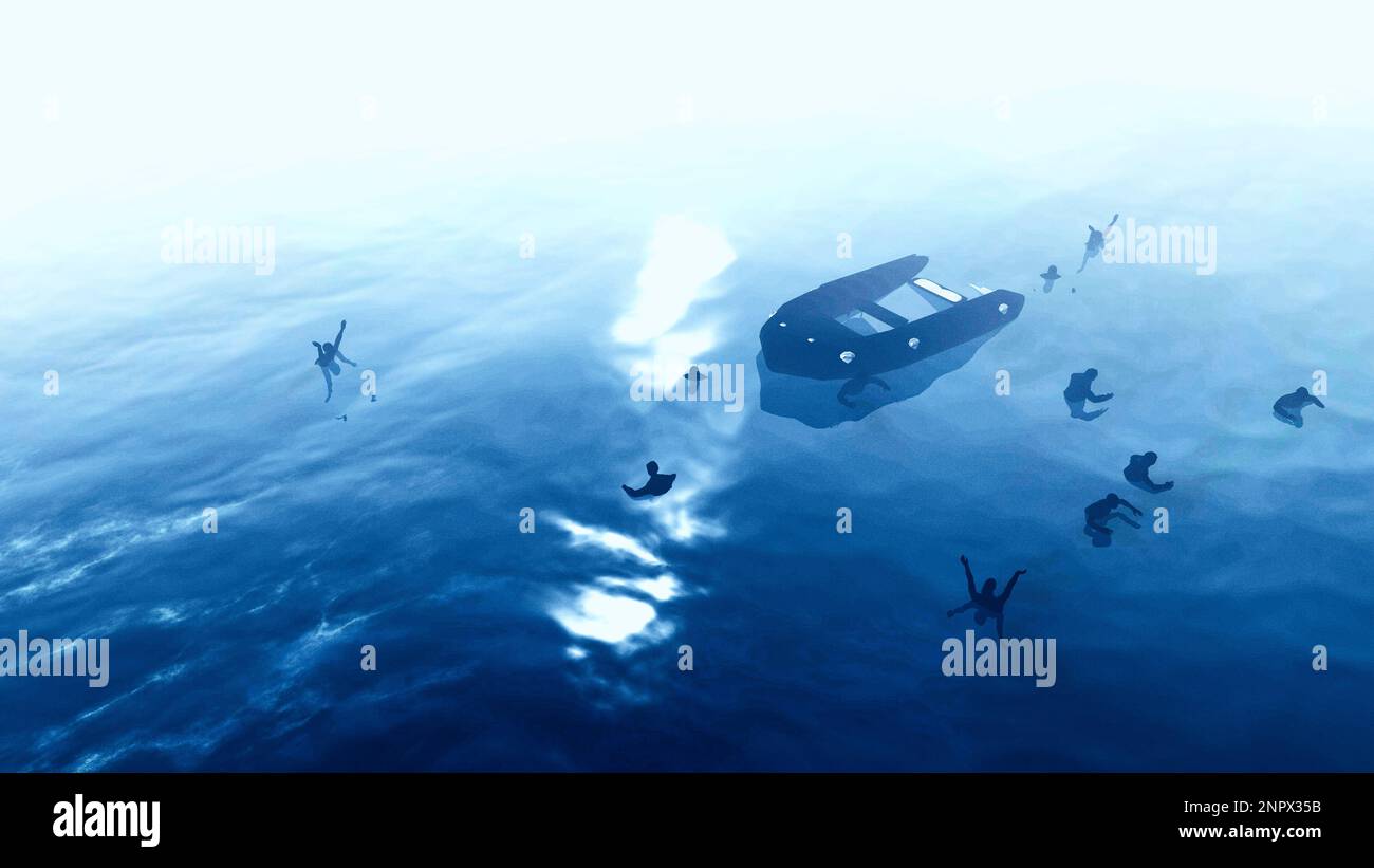 Refugees at sea asking for help,migrants crossing the sea on small ...