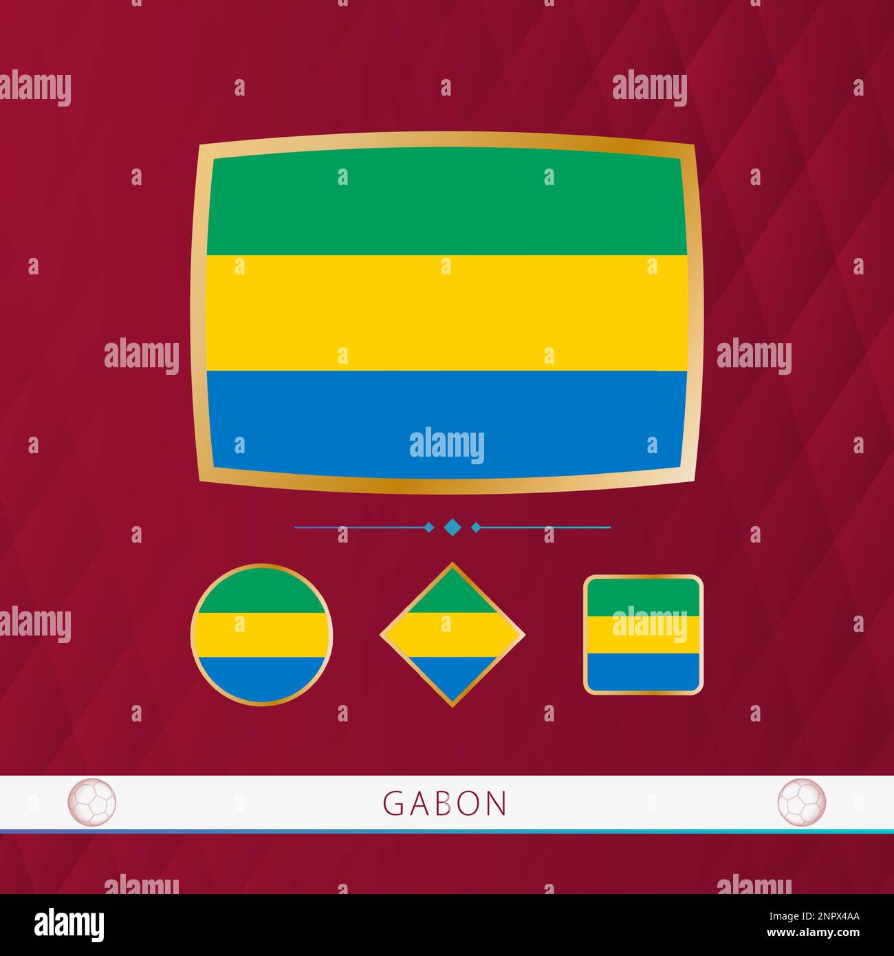 Set of Gabon flags with gold frame for use at sporting events on a ...