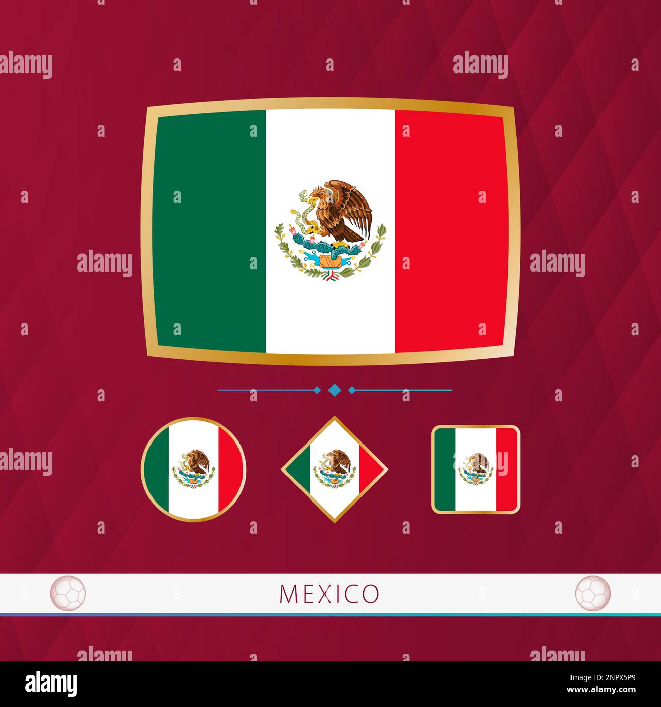 Set of Mexico flags with gold frame for use at sporting events on a burgundy abstract background ...