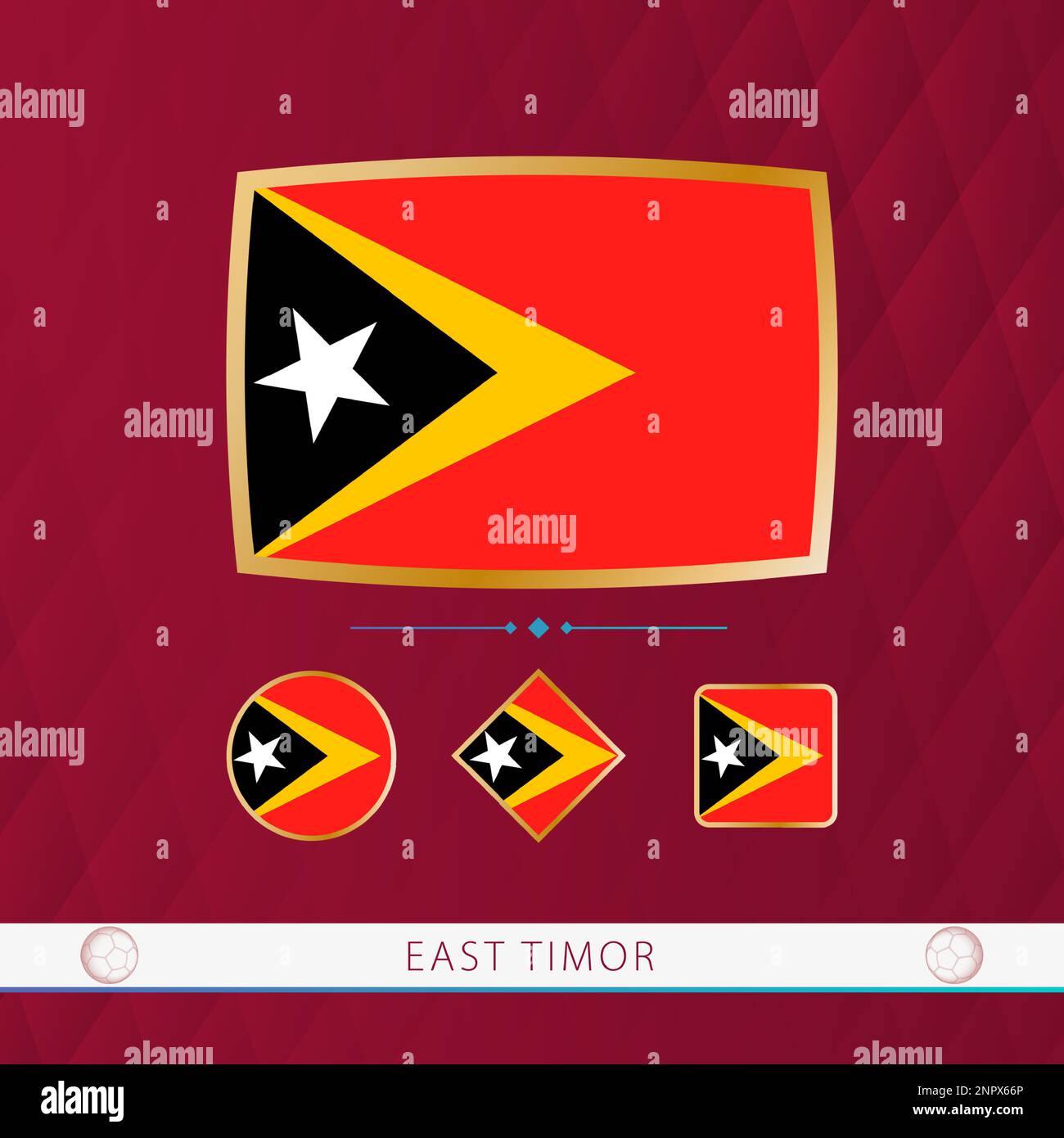 Set of East Timor flags with gold frame for use at sporting events on a ... Set of East Timor flags with gold frame for use at sporting events on a ...