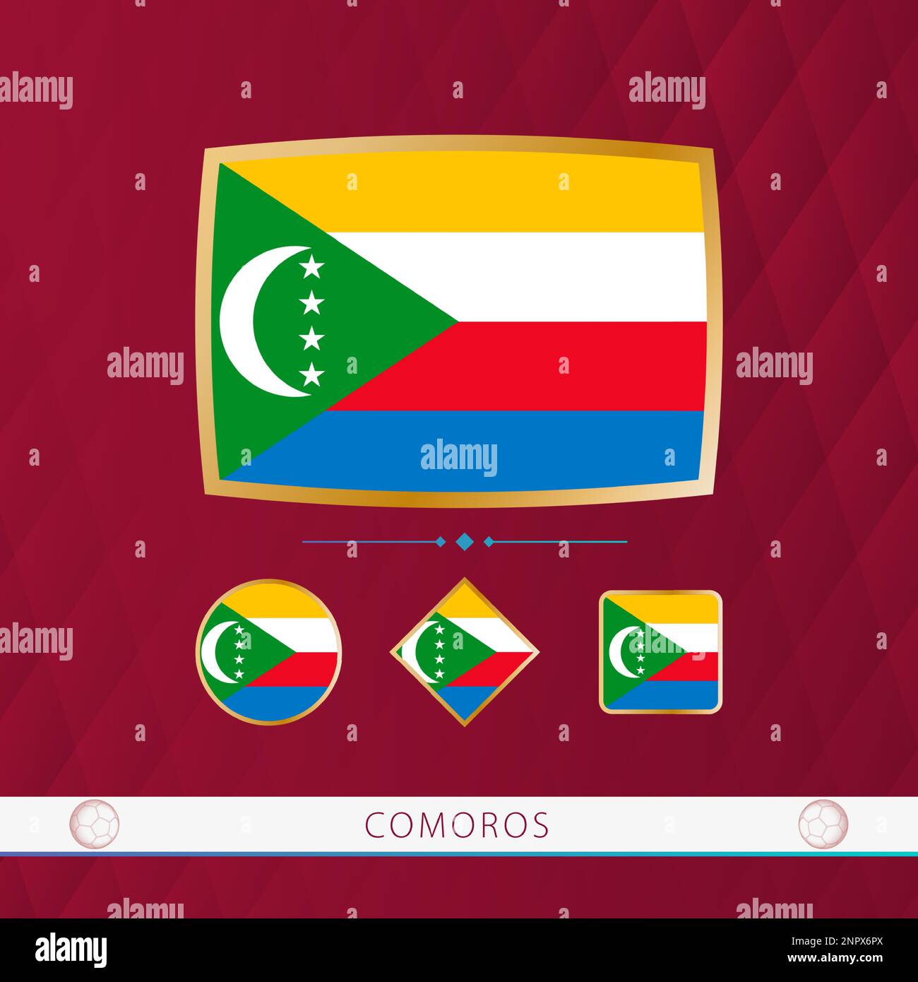 Set of Comoros flags with gold frame for use at sporting events on a ...