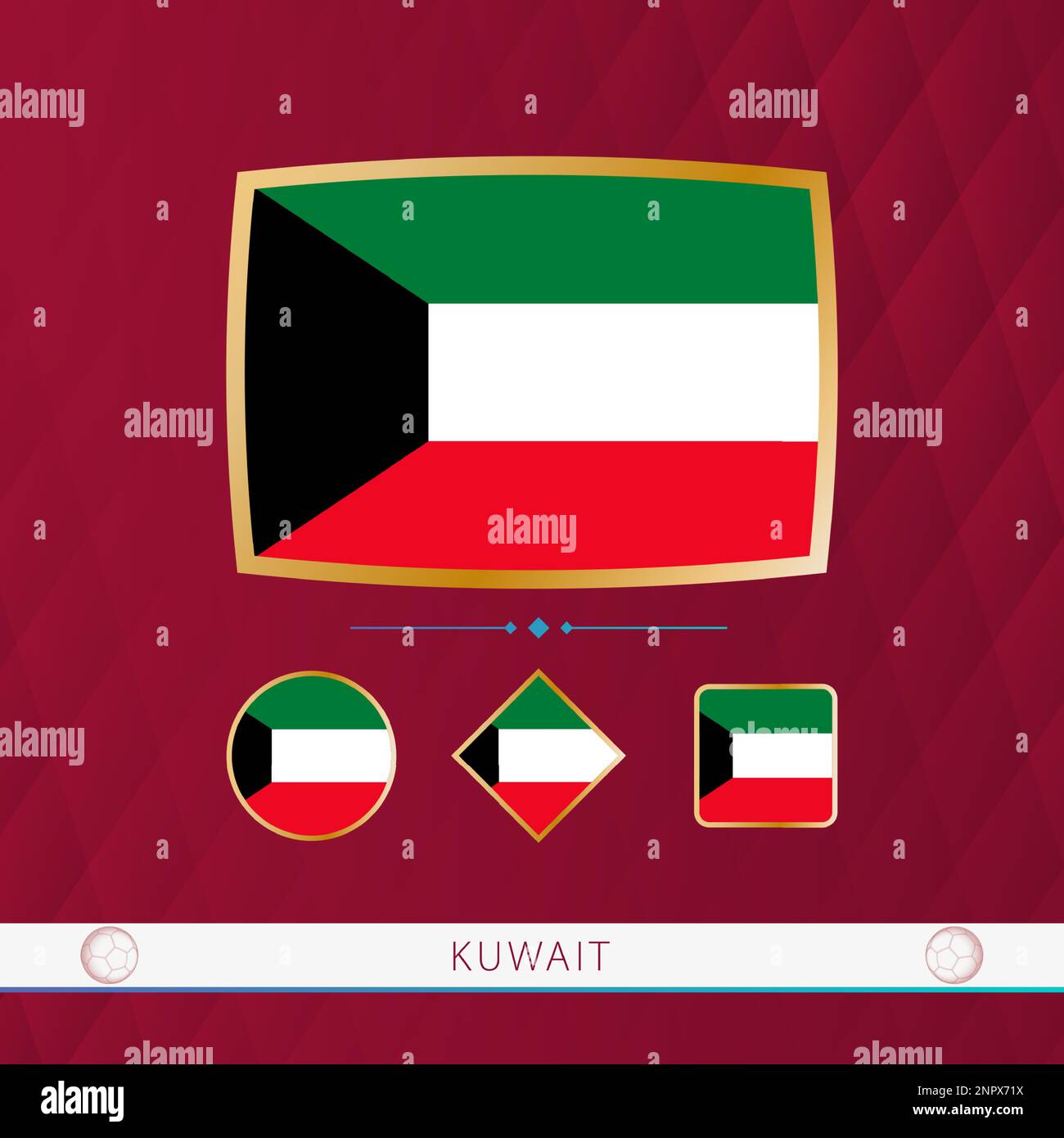 Set of Kuwait flags with gold frame for use at sporting events on a ...