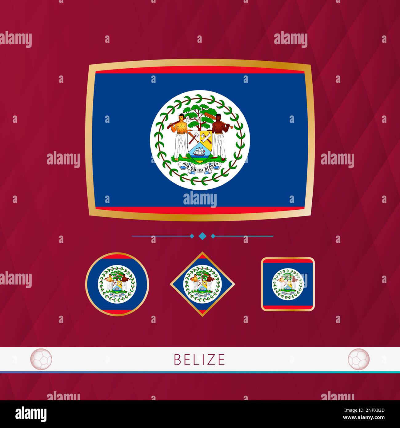 Set of Belize flags with gold frame for use at sporting events on a burgundy abstract background ...