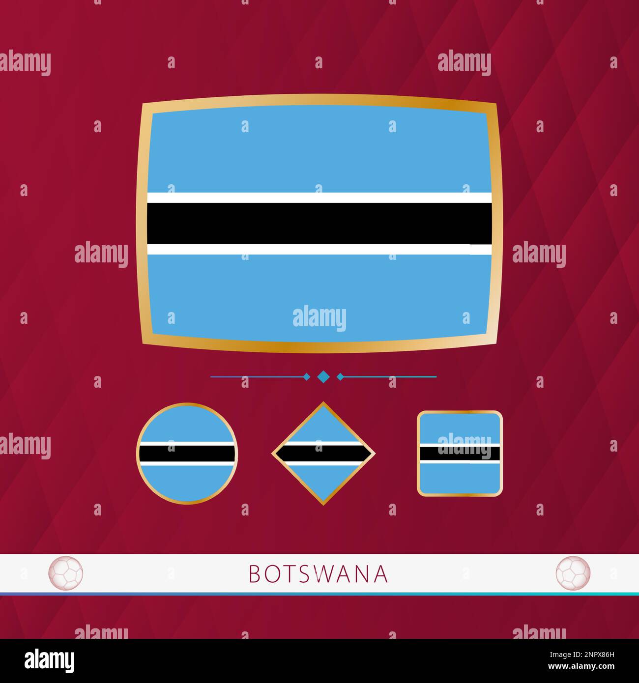 Set of Botswana flags with gold frame for use at sporting events on a burgundy abstract ...