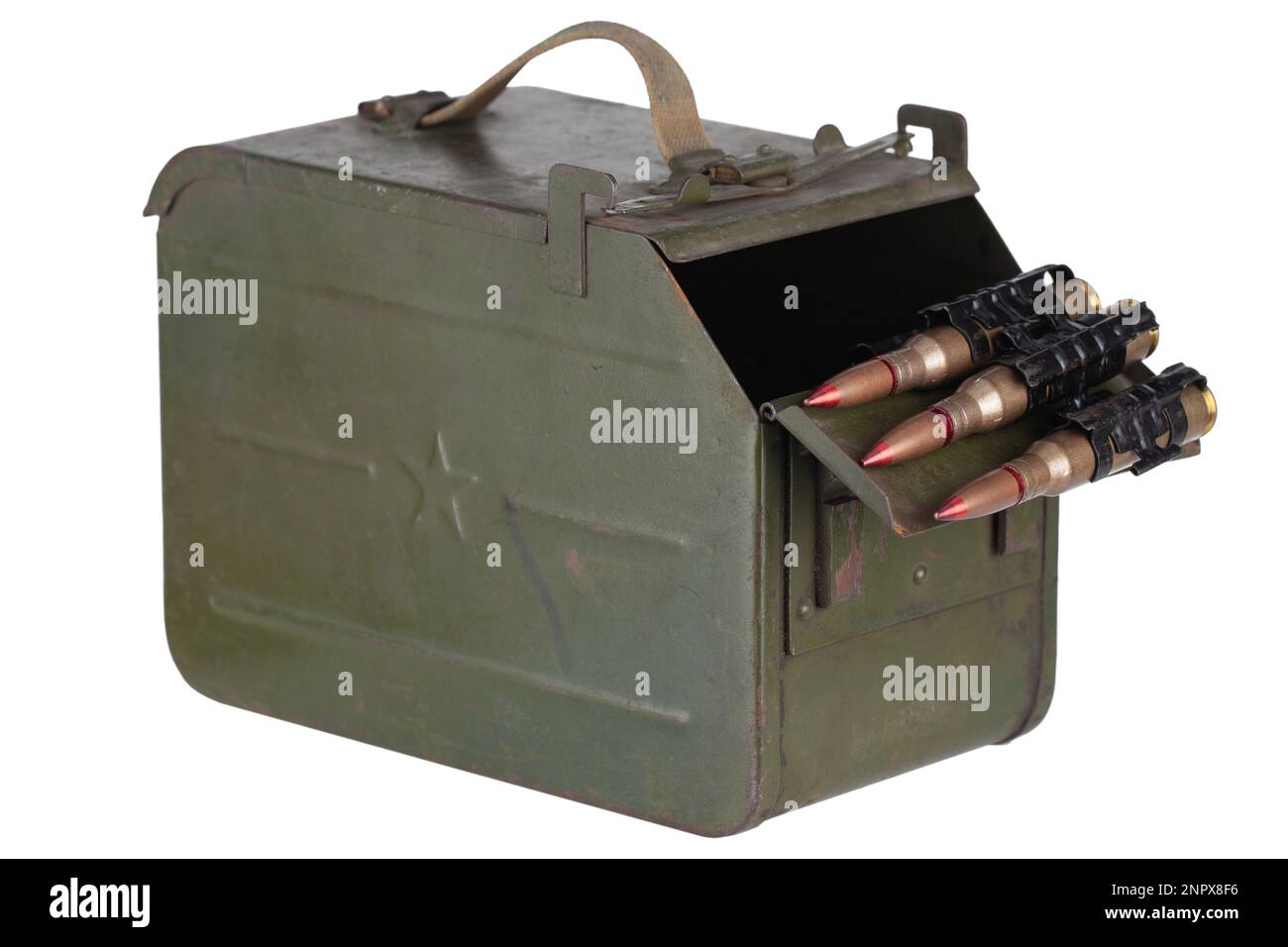Ammo box with ammunition belt and 12.7mm cartridges for heavy machine ...