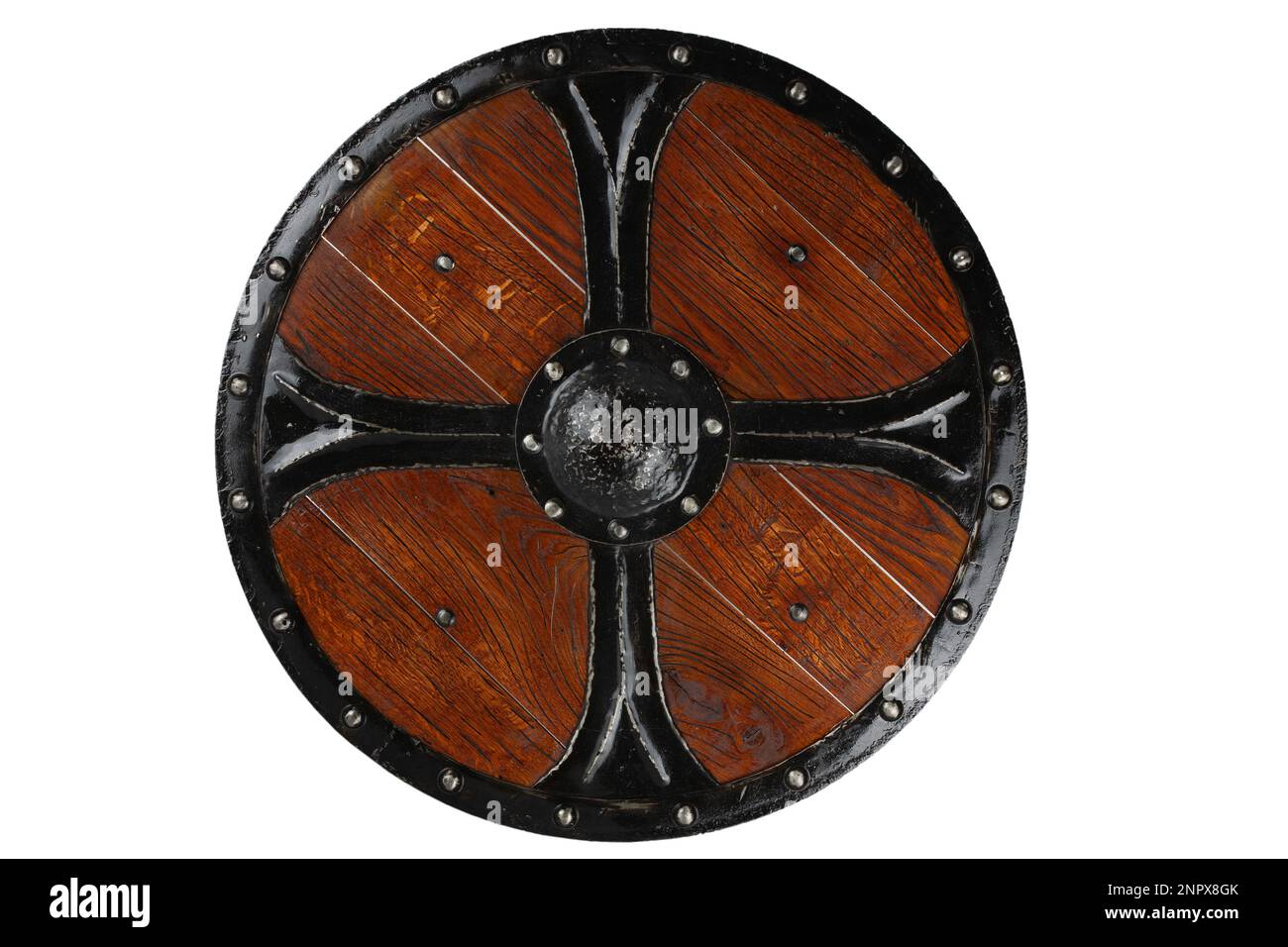 Old wooden viking pattern round shield era isolated on white background ...