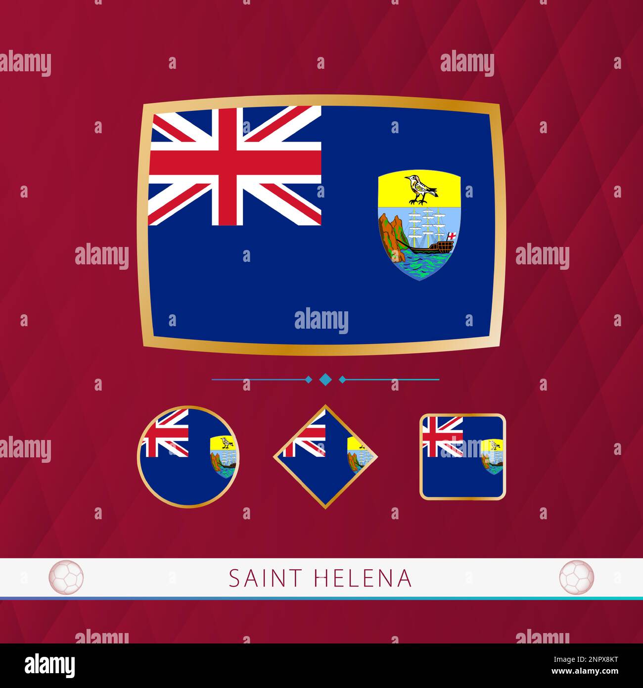 Set of Saint Helena flags with gold frame for use at sporting events on a burgundy abstract ...