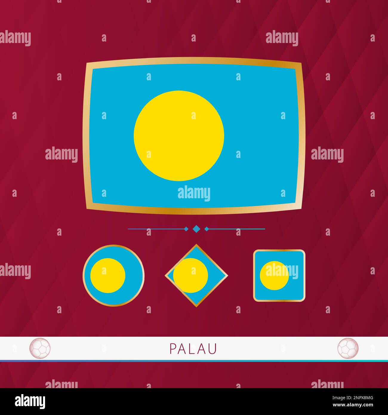 Set of Palau flags with gold frame for use at sporting events on a burgundy abstract background ...