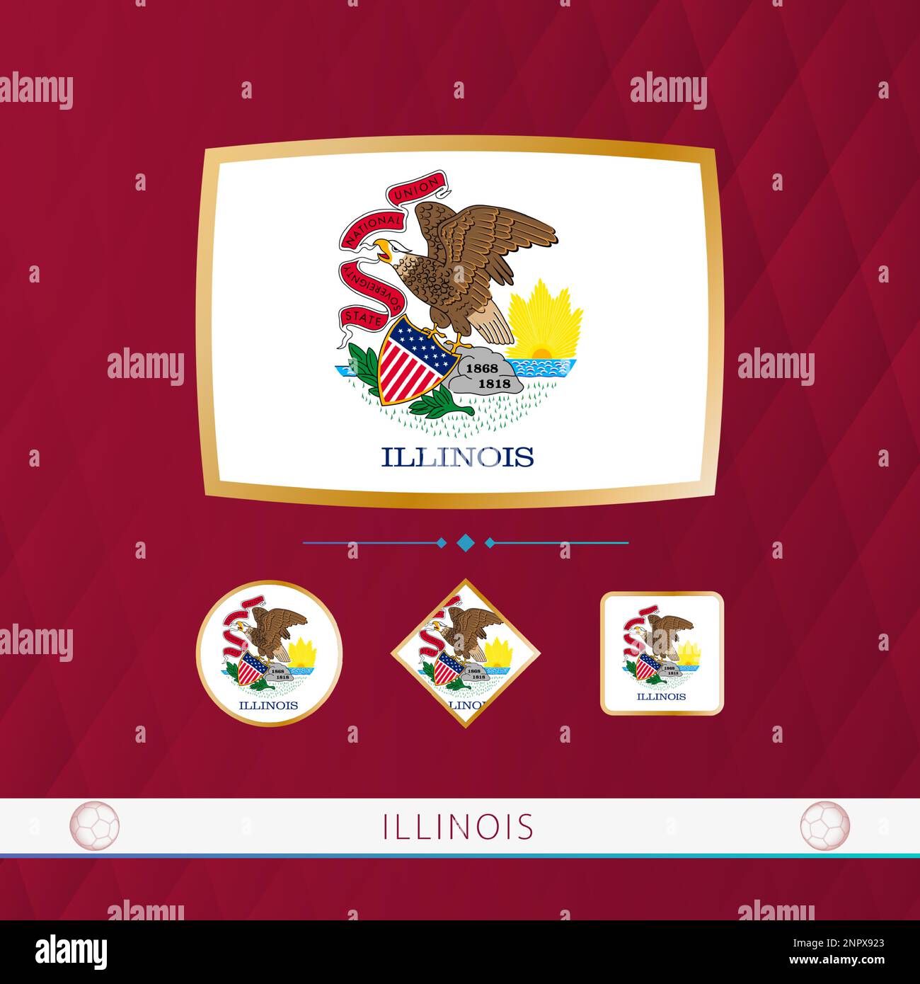 Set of Illinois flags with gold frame for use at sporting events on a burgundy abstract ...