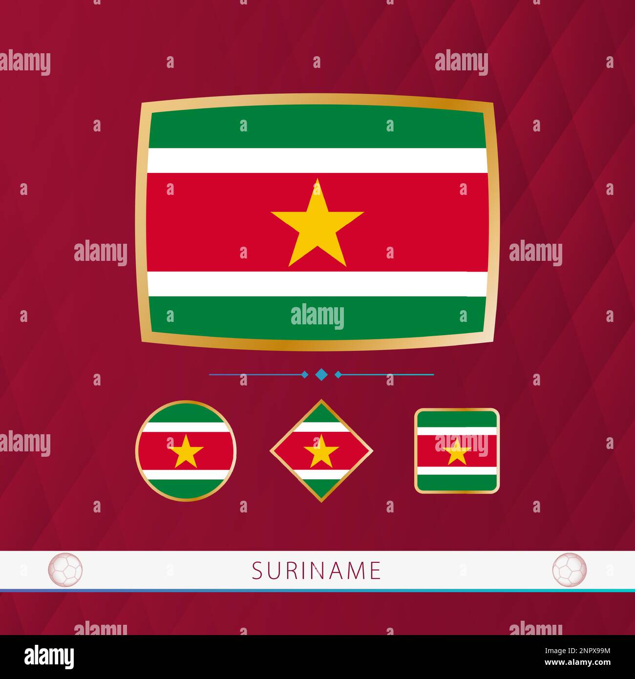 Set of Suriname flags with gold frame for use at sporting events on a ...