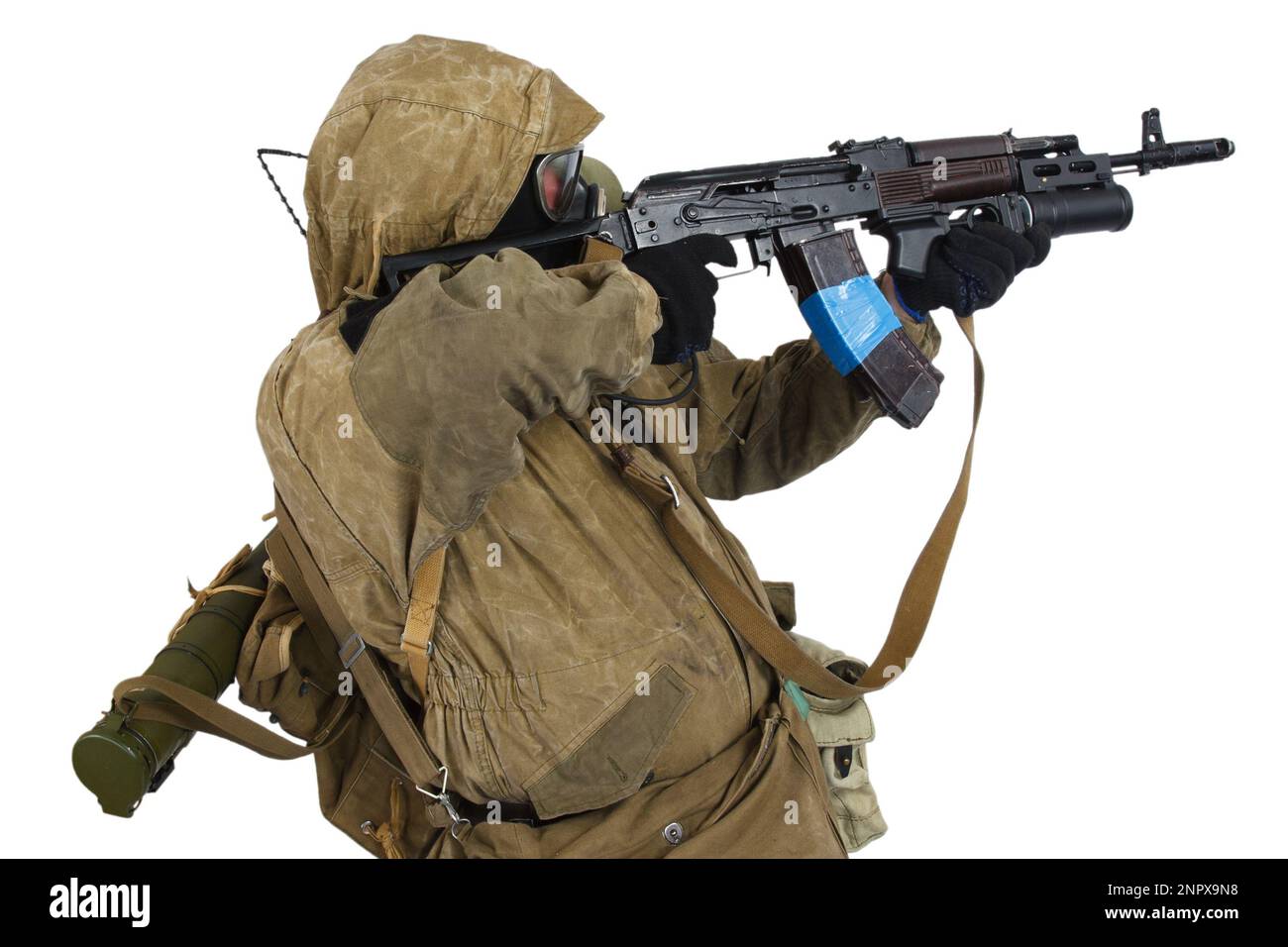 Post-apocalyptic concept - stalker in gas mask fire ak-47 gun isolated ...