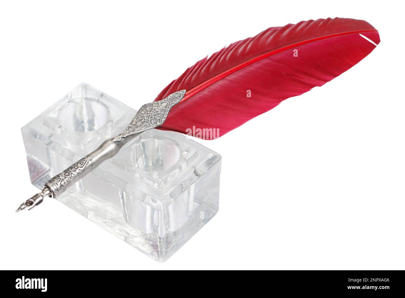 Old vintage red fountain pen with inkwell on white background Stock ...