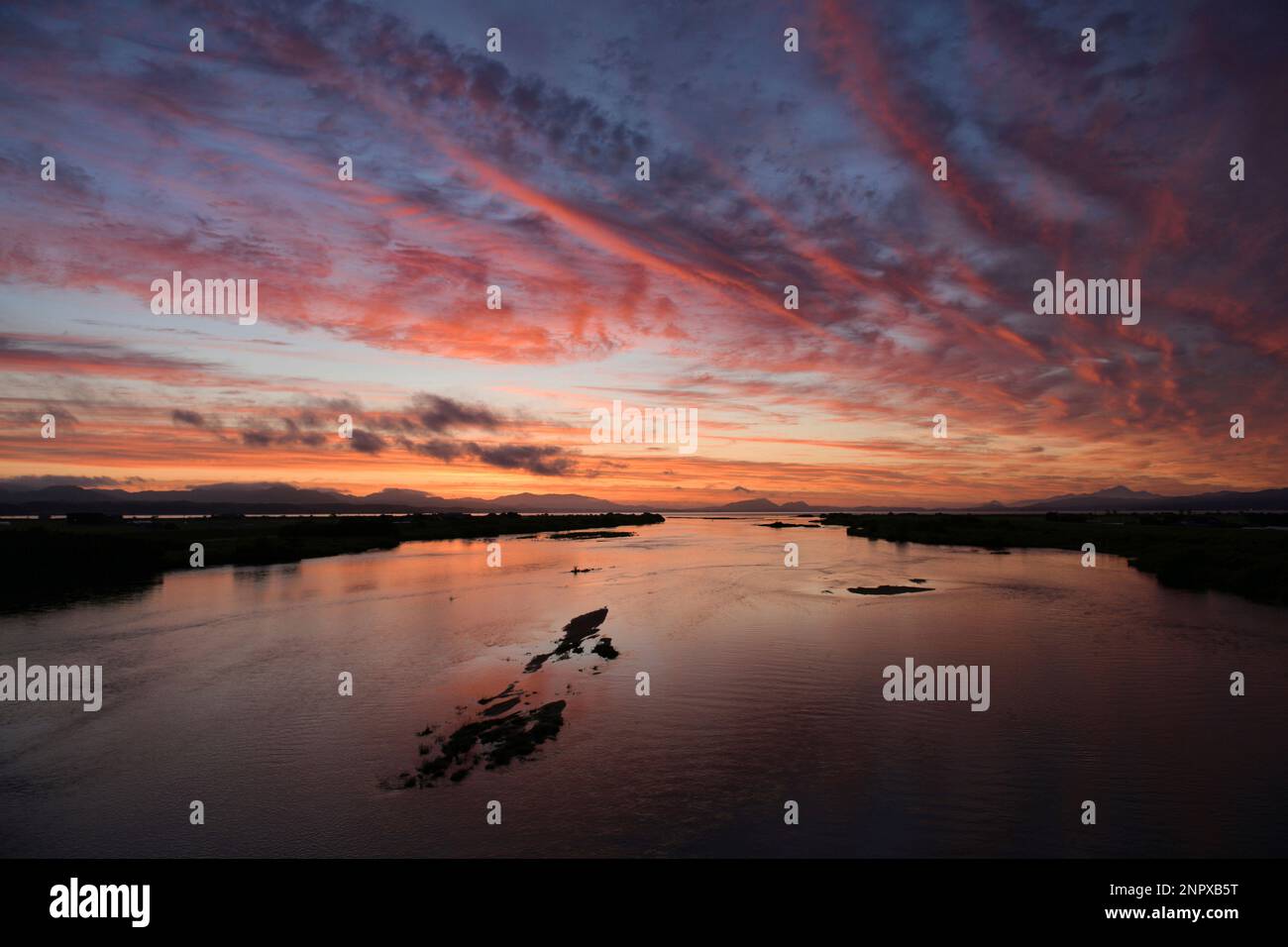 A picture shows Hii-gawa river at dawn in Izumo City, Shimane ...