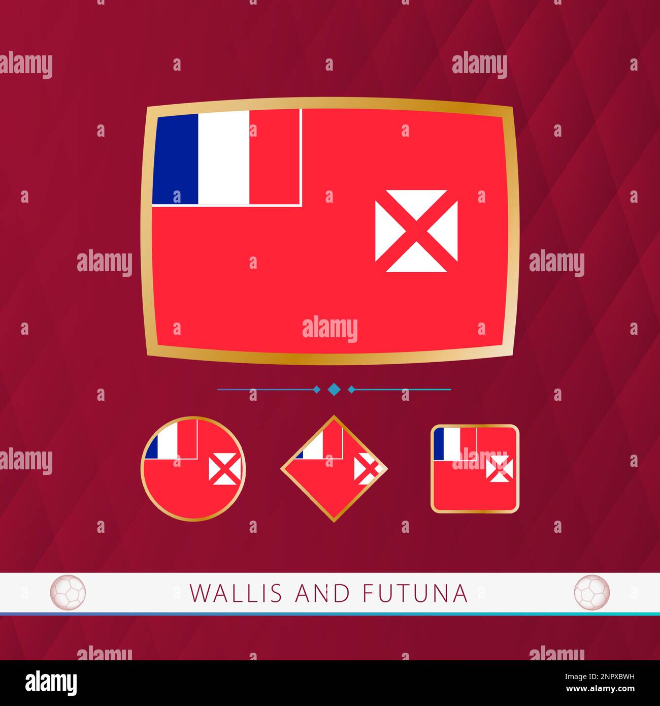 Set of Wallis and Futuna flags with gold frame for use at sporting events on a burgundy abstract ...
