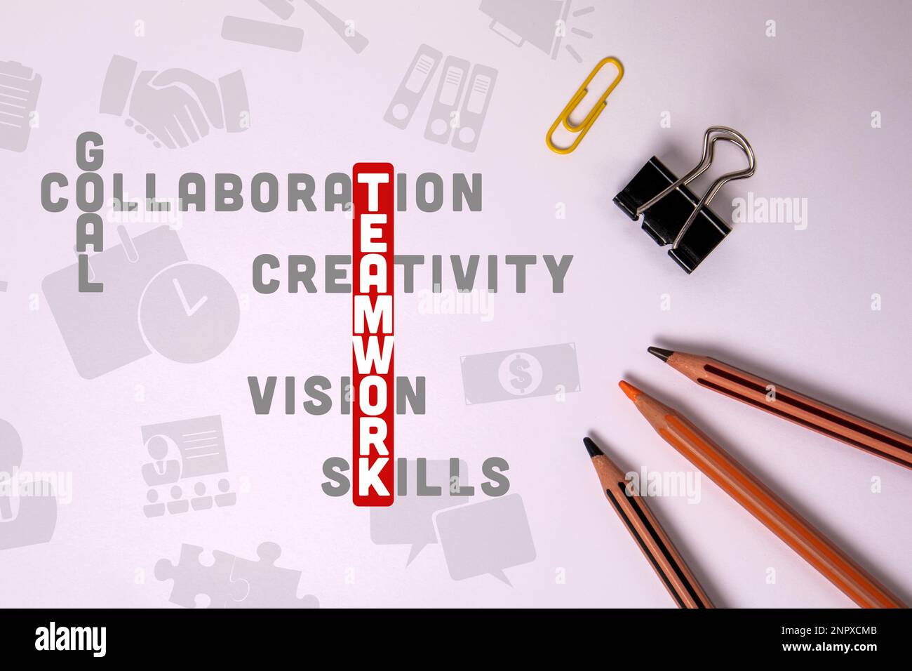 TEAMWORK concept. Illustration with text and icons, crossword puzzle ...