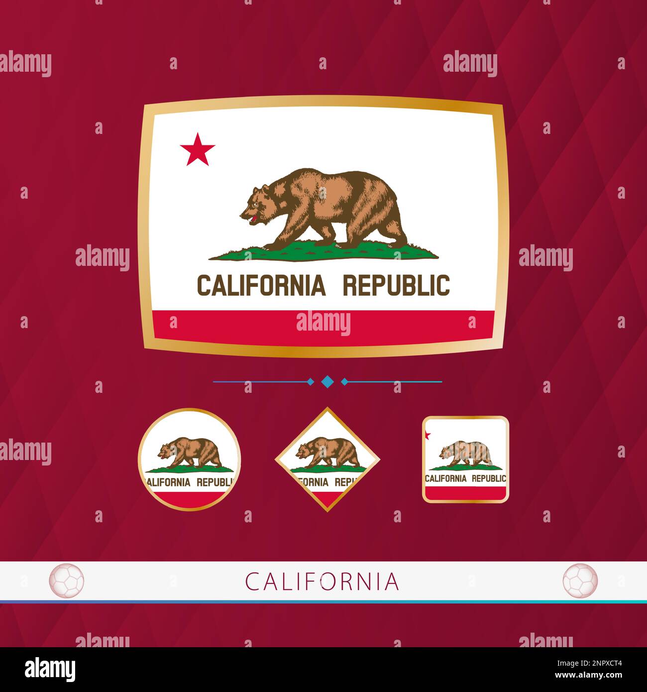 Set of California flags with gold frame for use at sporting events on a ...