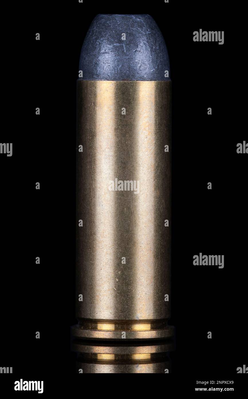 .45 caliber round isolated on black background with reflexion Stock ...