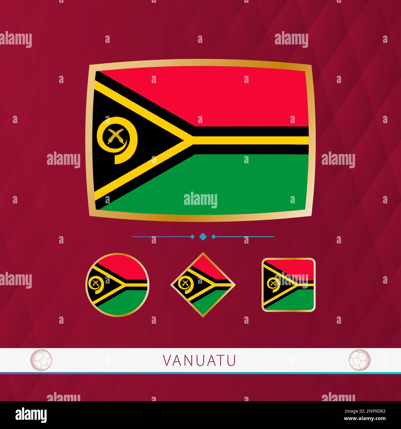 Set of Vanuatu flags with gold frame for use at sporting events on a burgundy abstract ...
