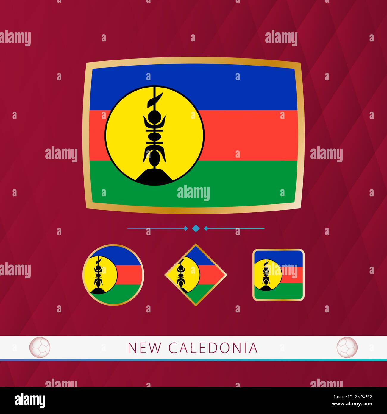 Set of New Caledonia flags with gold frame for use at sporting events ...