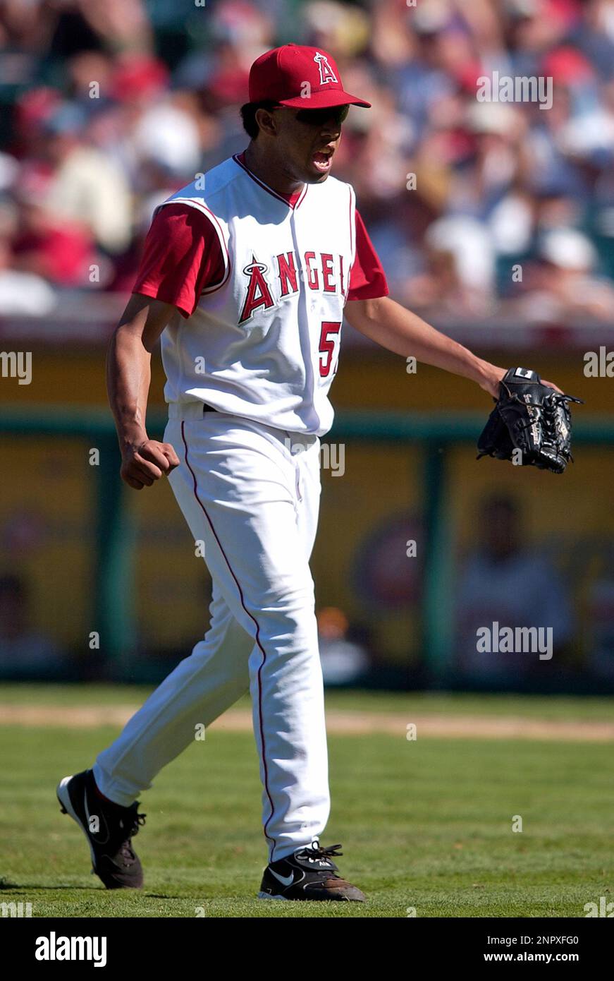 29 Aug. 2004: Anaheim Angels pitcher Francisco Rodriguez (57) reacts ...